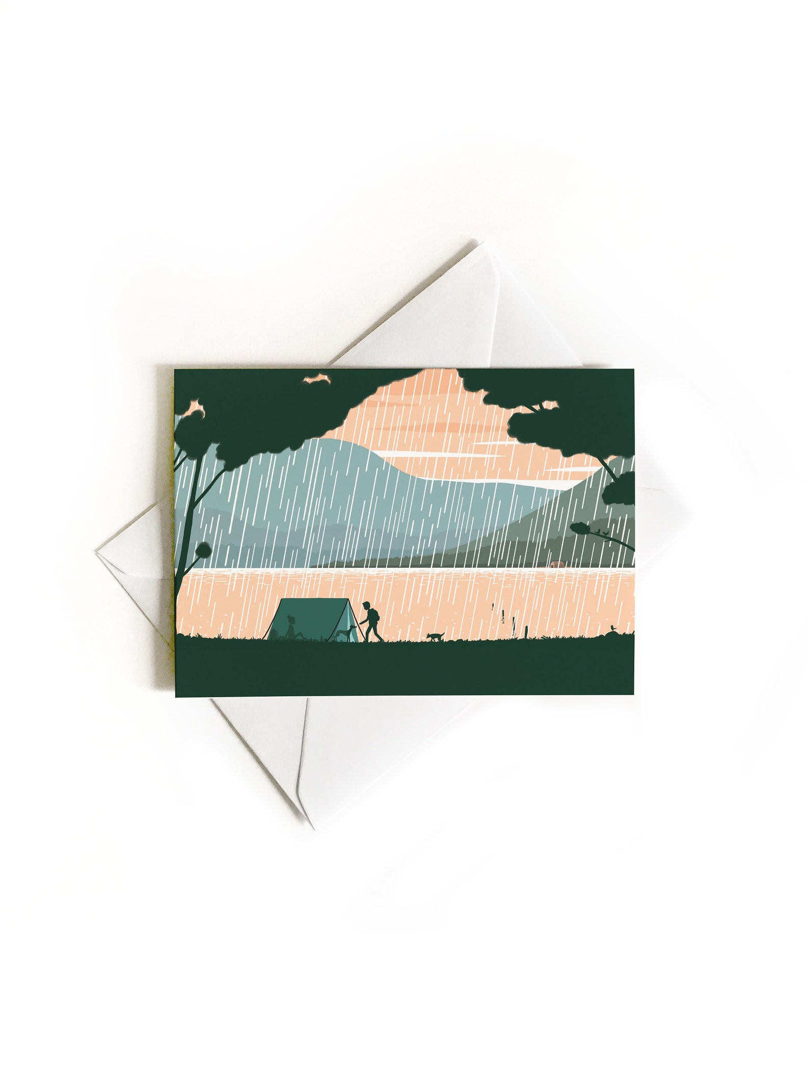 Lakeside Camping Greetings Card Landscape Illustration Lake - Etsy