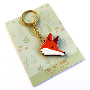 Fox Wooden Key Ring - Illustrated Animal Keychain, Cute Woodland Animal ...