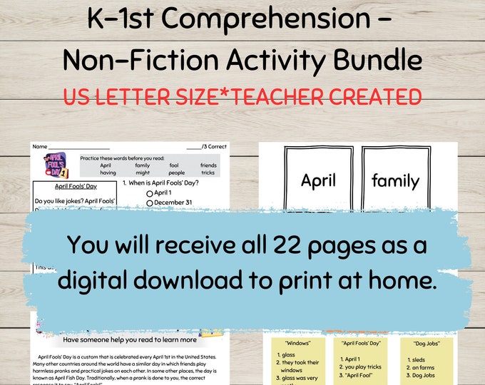 Printable K-1st Comprehension Non-fiction Stories Bundle, 22 Pages, 5 ...
