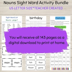 Printable Nouns Sight/dolch Word List Bundle, 143 Pages, Trace/write ...