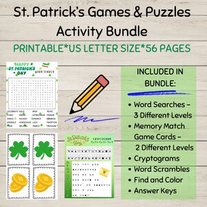 Printable St. Patrick's Themed Word Puzzles & Games Bundle, 56 Pages ...