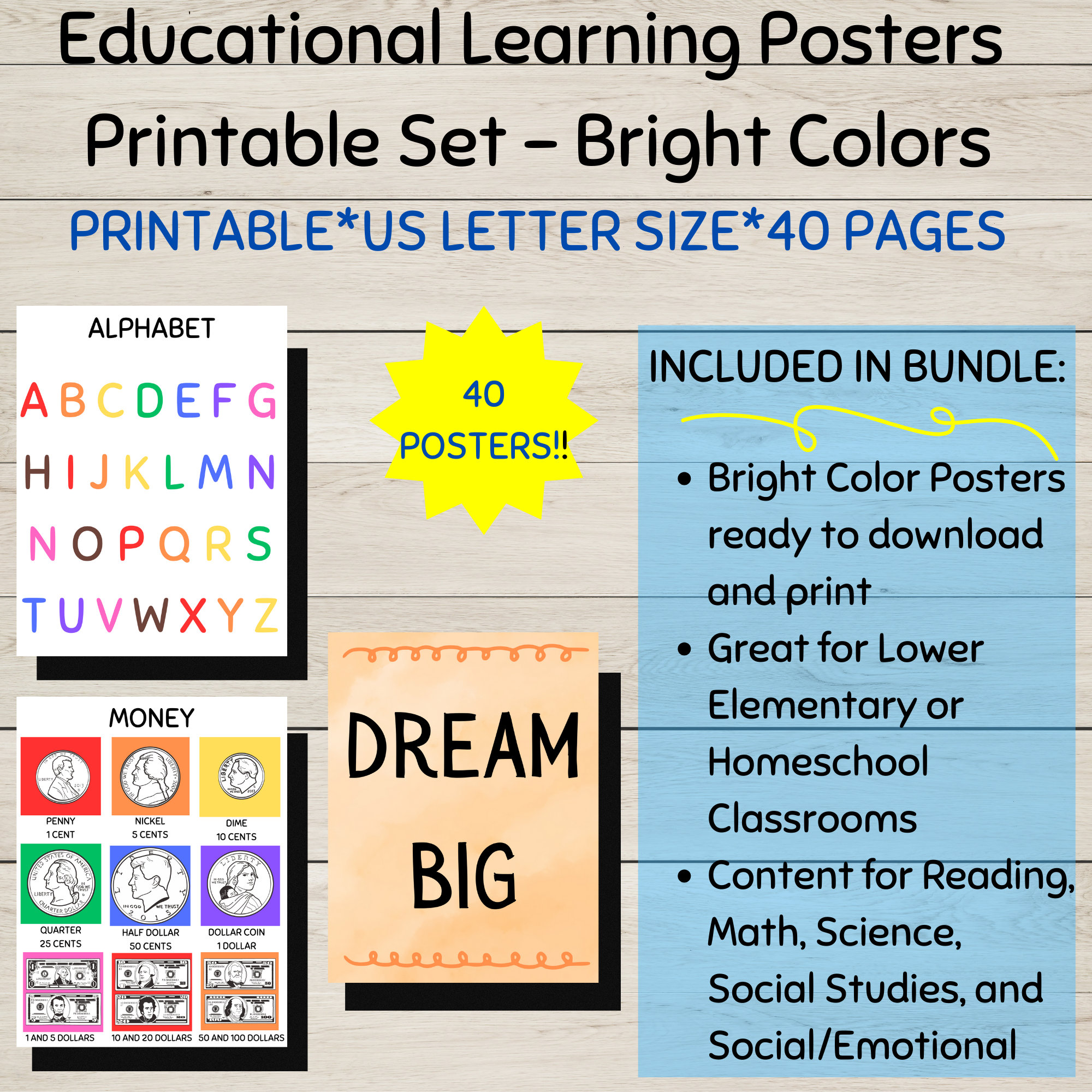 Printable Education Classroom Posters Bundle, 40 Pages, Bright Colors ...
