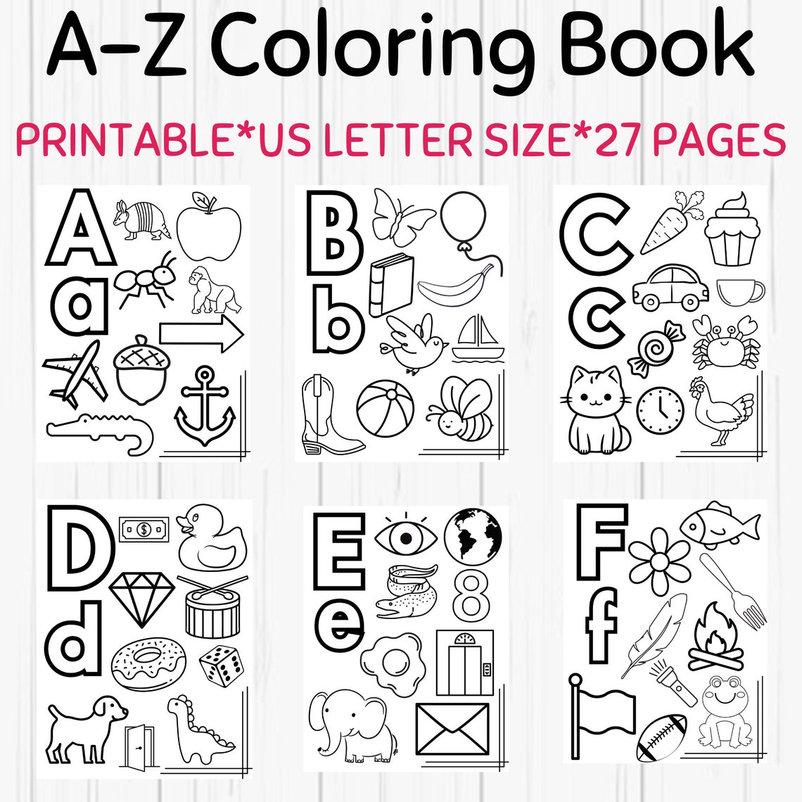 Printable Alphabet Coloring Book A-Z Worksheets Workbook, 27 Pages ...