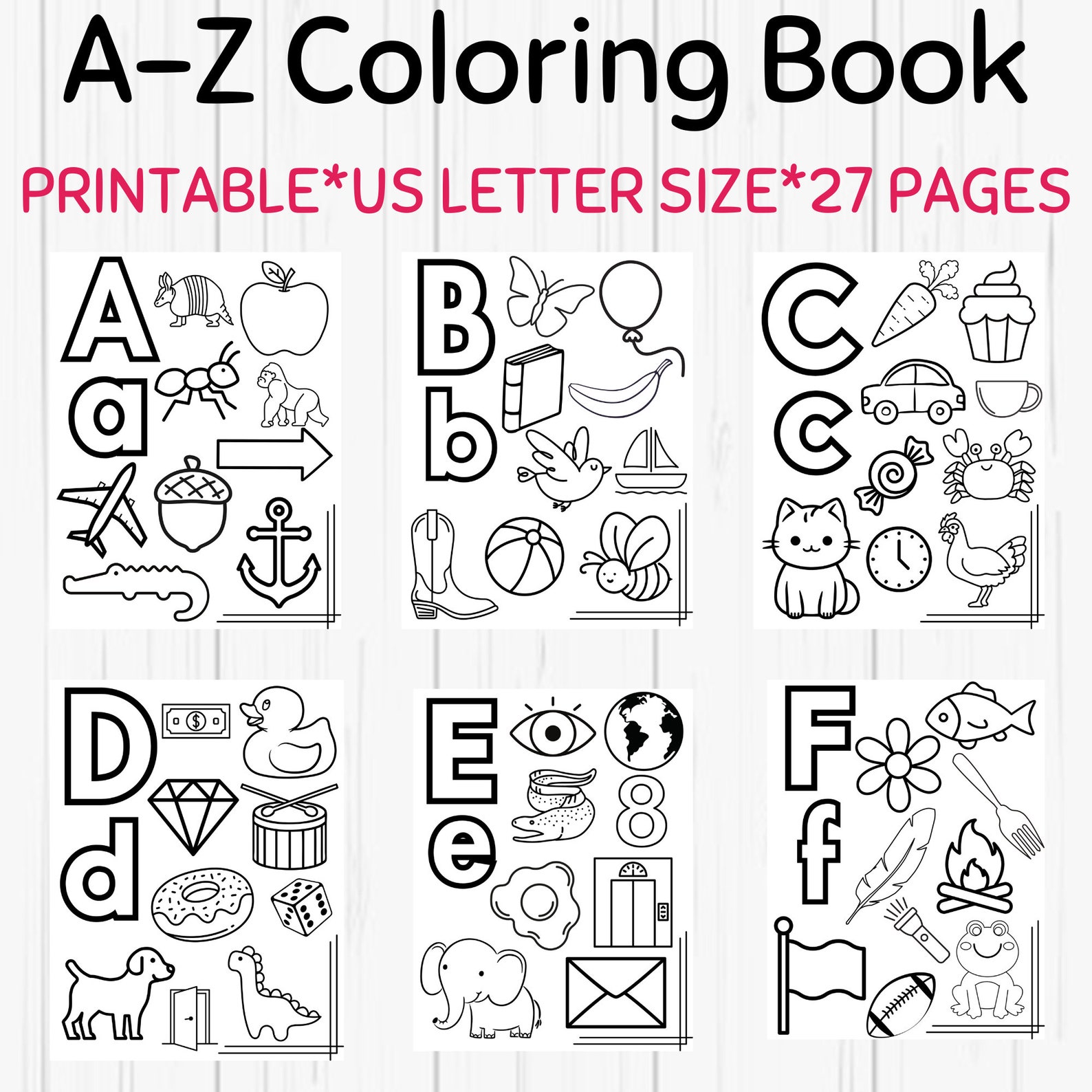 Printable Alphabet Coloring Book A-Z Worksheets Workbook, 27 Pages ...