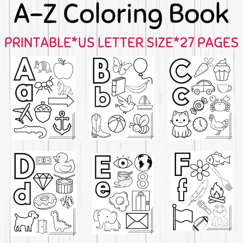 Printable Alphabet Coloring Book A-Z Worksheets Workbook, 27 Pages ...