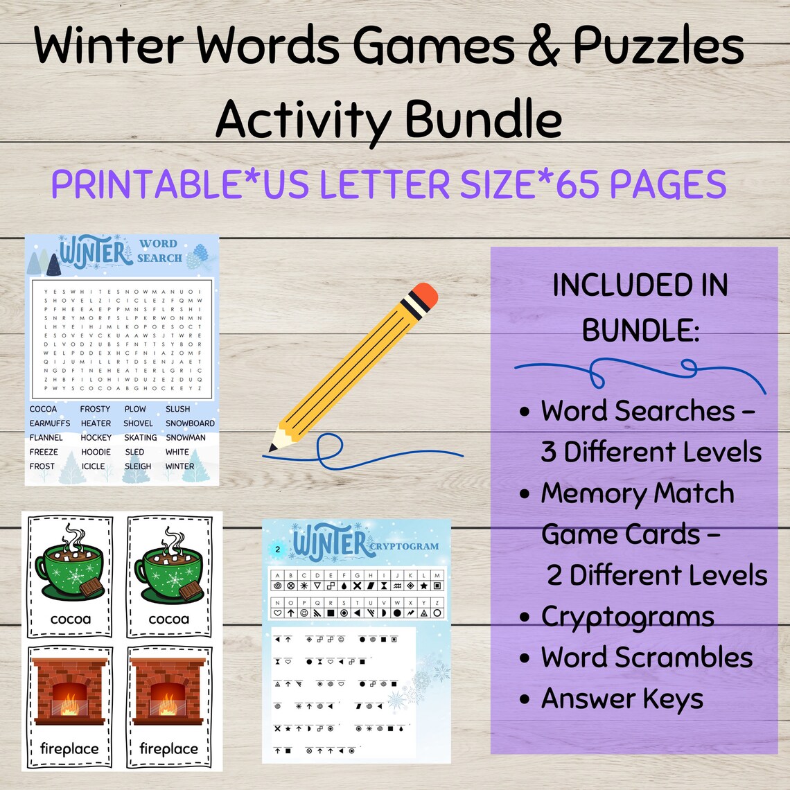 Printable Winter Themed Word Puzzles & Games Bundle, 65 Pages, Word ...