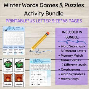 Printable Winter Themed Word Puzzles & Games Bundle, 65 Pages, Word ...