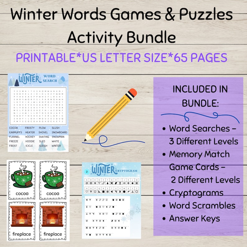 Printable Winter Themed Word Puzzles & Games Bundle, 65 Pages, Word ...
