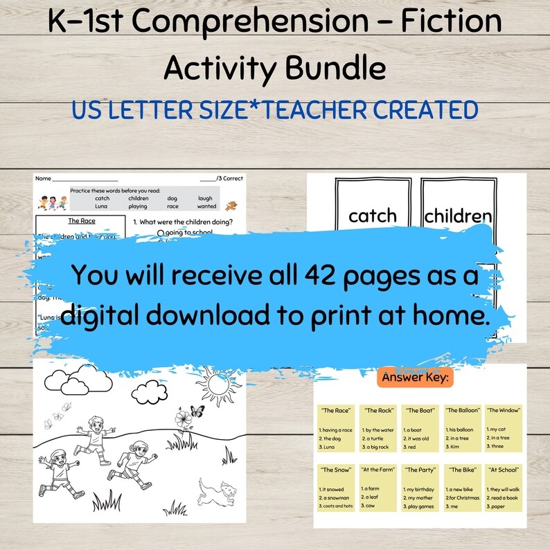 Printable K-1st Comprehension Fiction Stories Bundle, 42 Pages, 10 ...