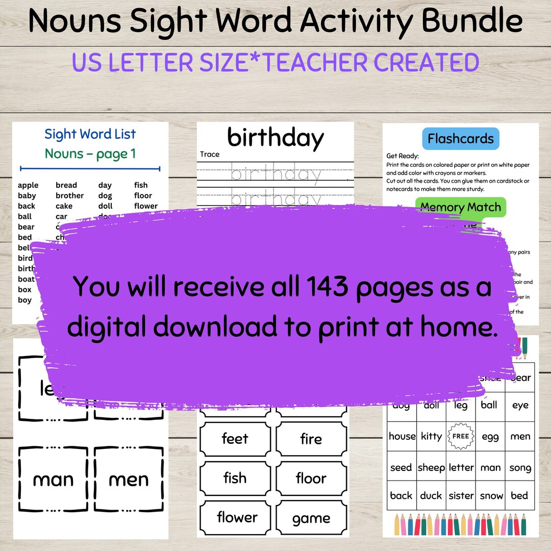 Printable Nouns Sight/dolch Word List Bundle, 143 Pages, Trace/write ...