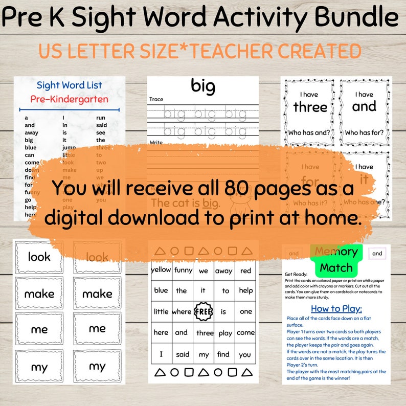 Printable Pre K Sight/dolch Word List Bundle, 80 Pages, Trace/write ...