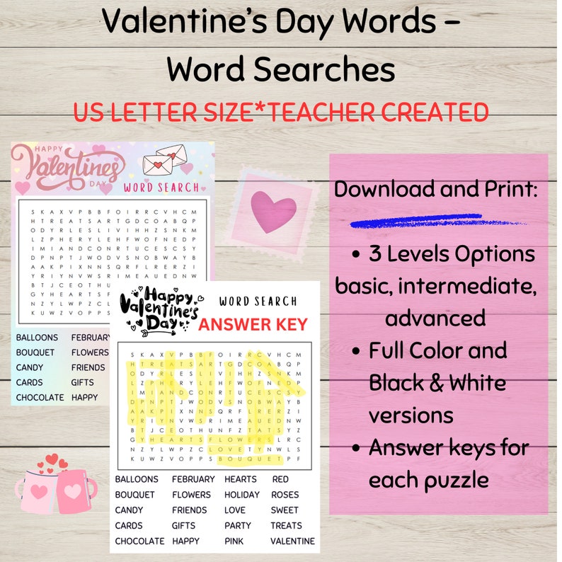 Printable Valentine's Themed Word Puzzles & Games Bundle, 51 Pages ...