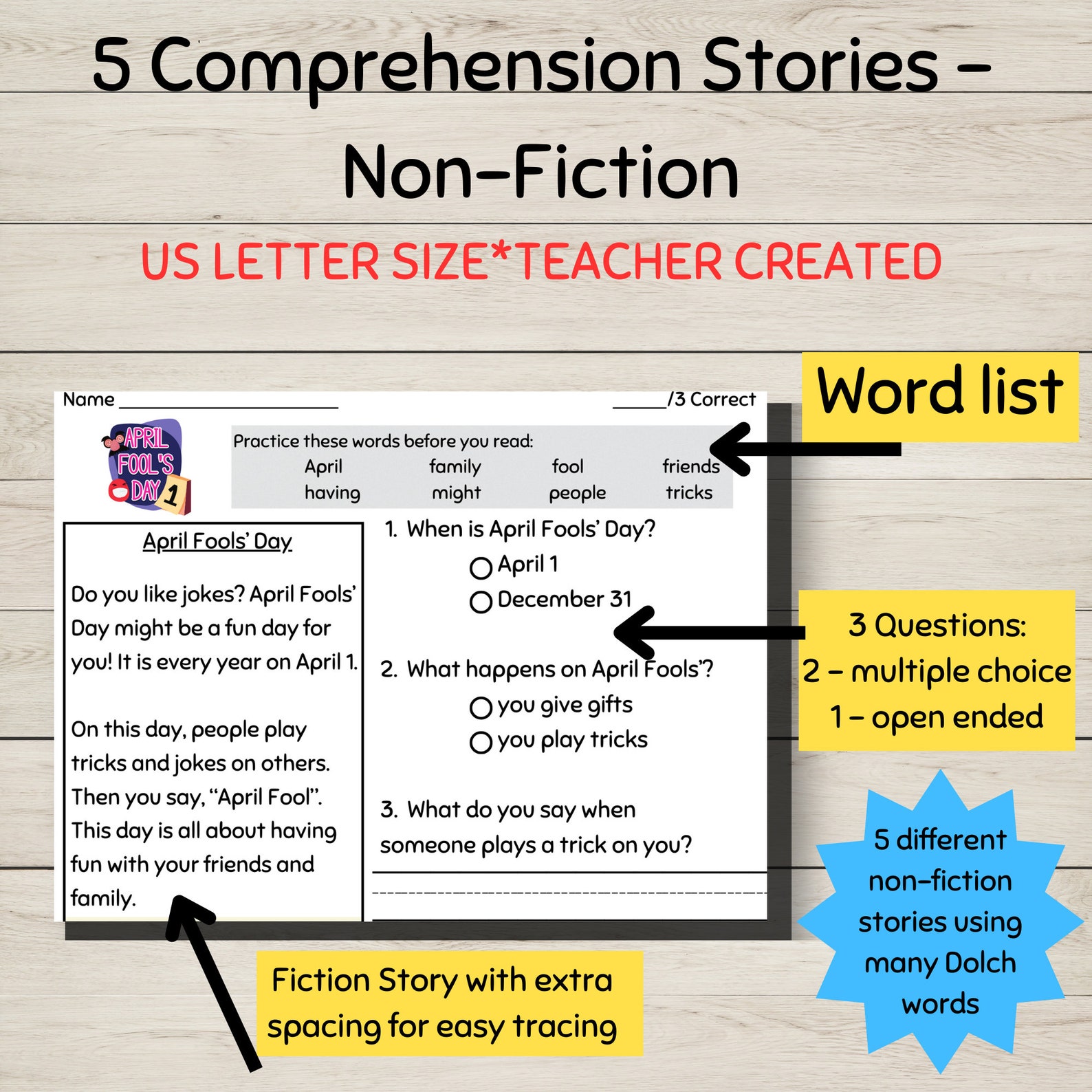 Printable K-1st Comprehension Non-fiction Stories Bundle, 22 Pages, 5 ...