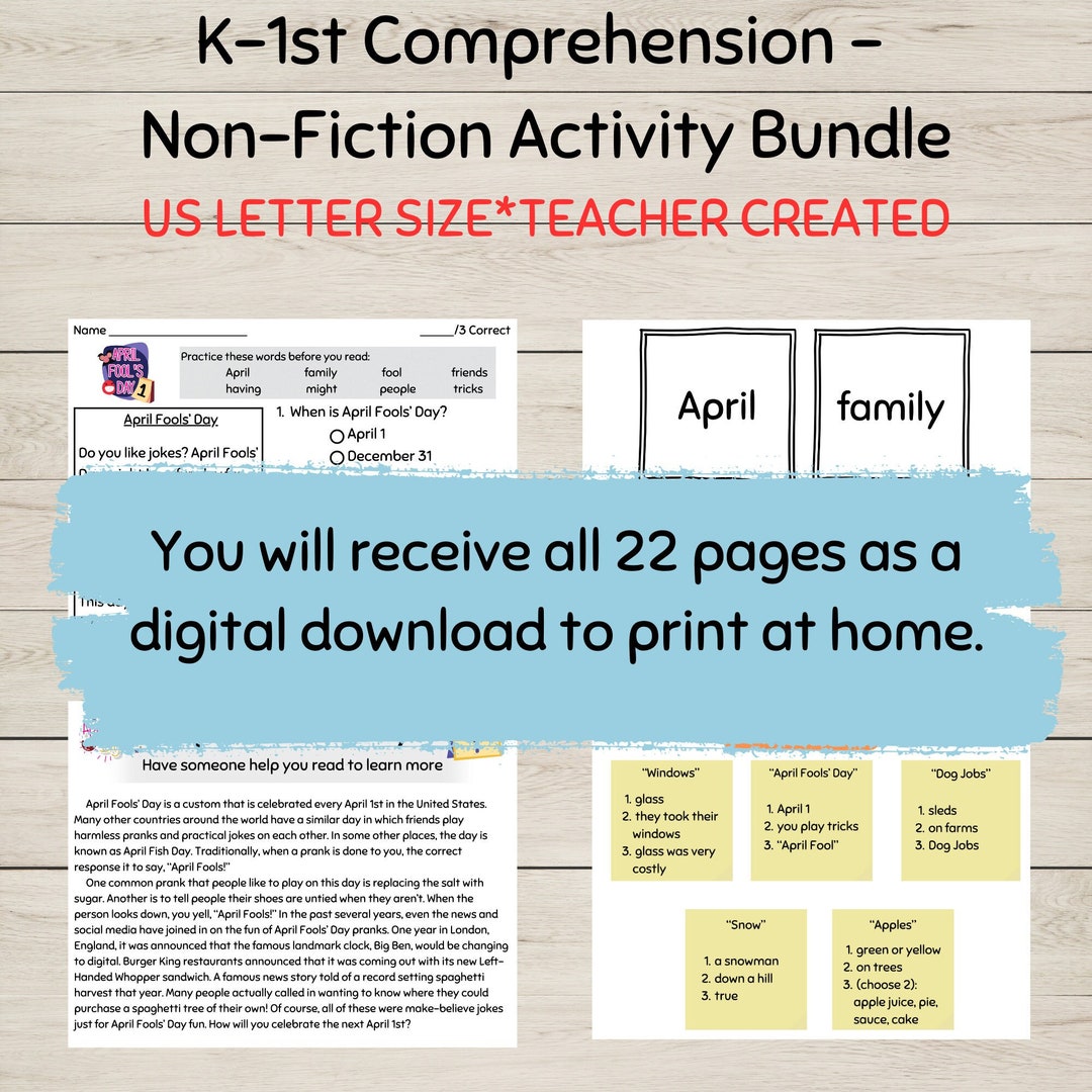 Printable K-1st Comprehension Non-fiction Stories Bundle, 22 Pages, 5 ...