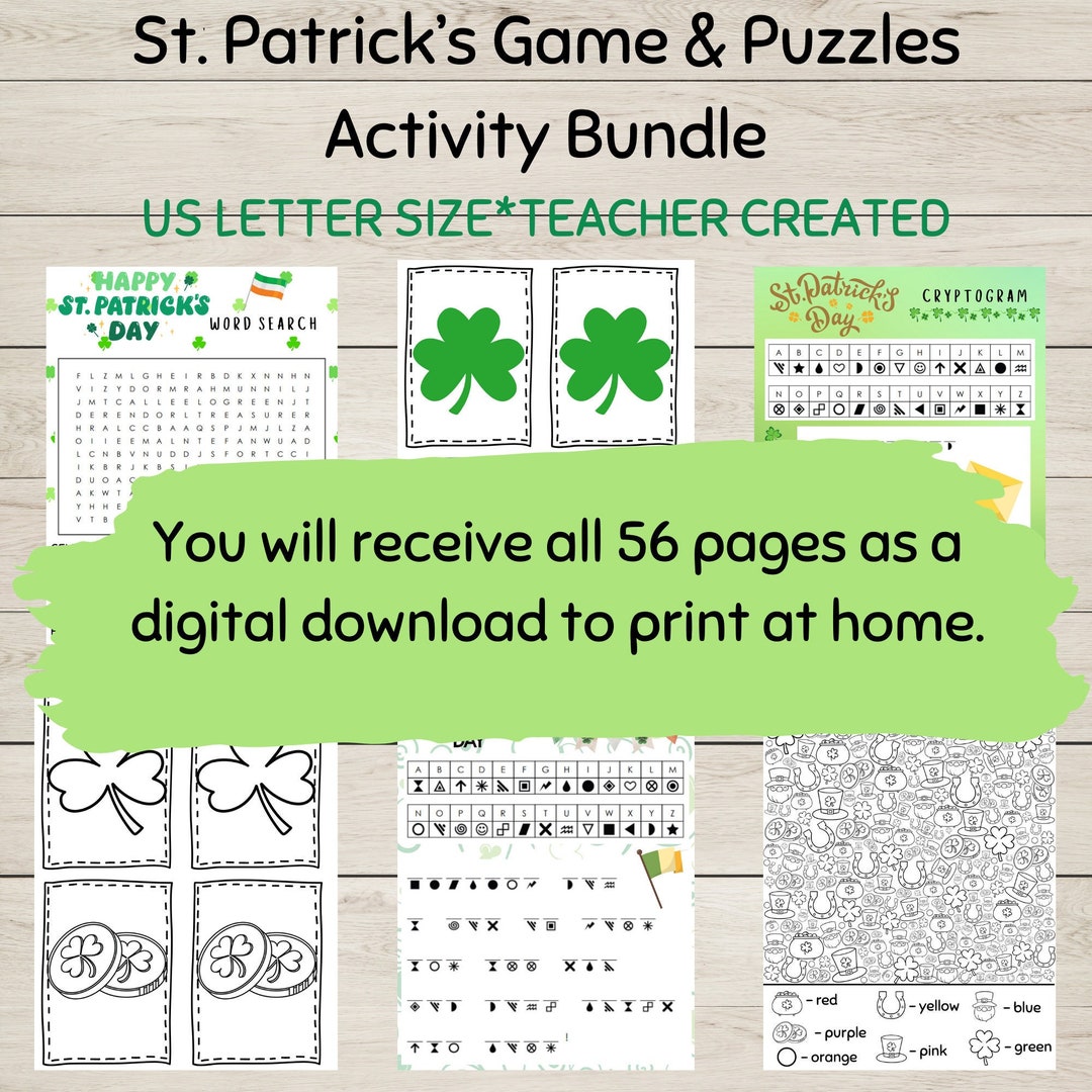 Printable St. Patrick's Themed Word Puzzles & Games Bundle, 56 Pages ...