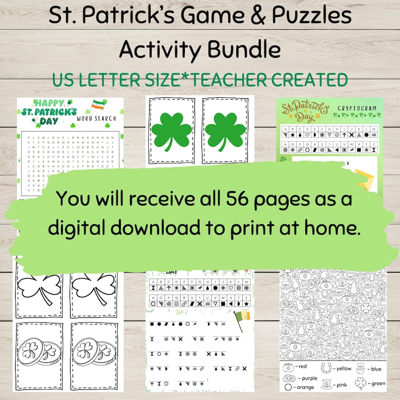 Printable St. Patrick's Themed Word Puzzles & Games Bundle, 56 Pages ...