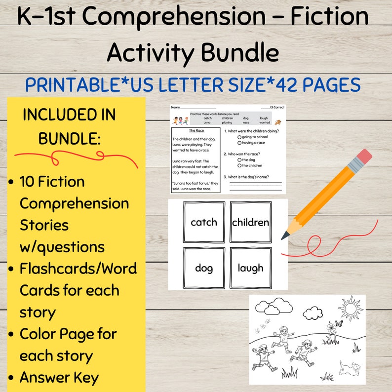 Printable K-1st Comprehension Fiction Stories Bundle, 42 Pages, 10 ...