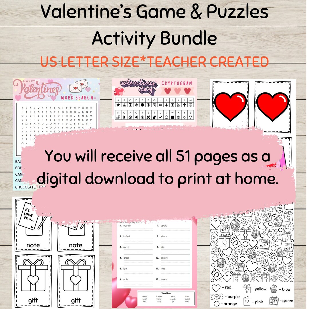 Printable Valentine's Themed Word Puzzles & Games Bundle, 51 Pages ...