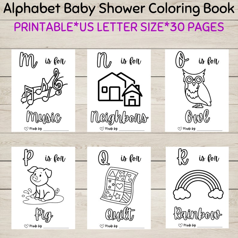 Printable Alphabet Baby Shower Coloring Book A-Z, Keepsake Book for ...
