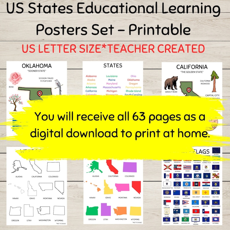 Printable US States Education Classroom Posters Bundle, 63 Pages ...