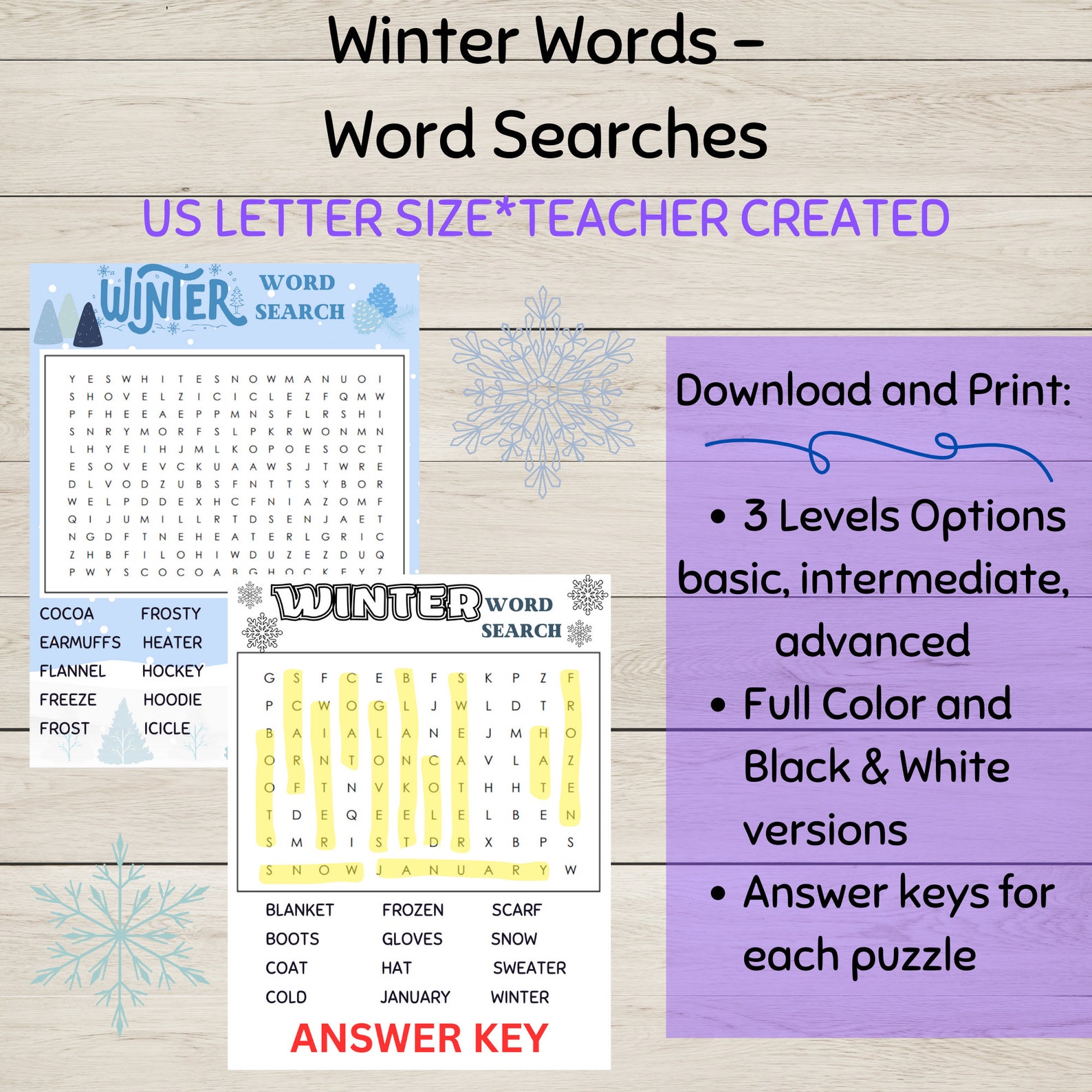 Printable Winter Themed Word Puzzles & Games Bundle, 65 Pages, Word ...