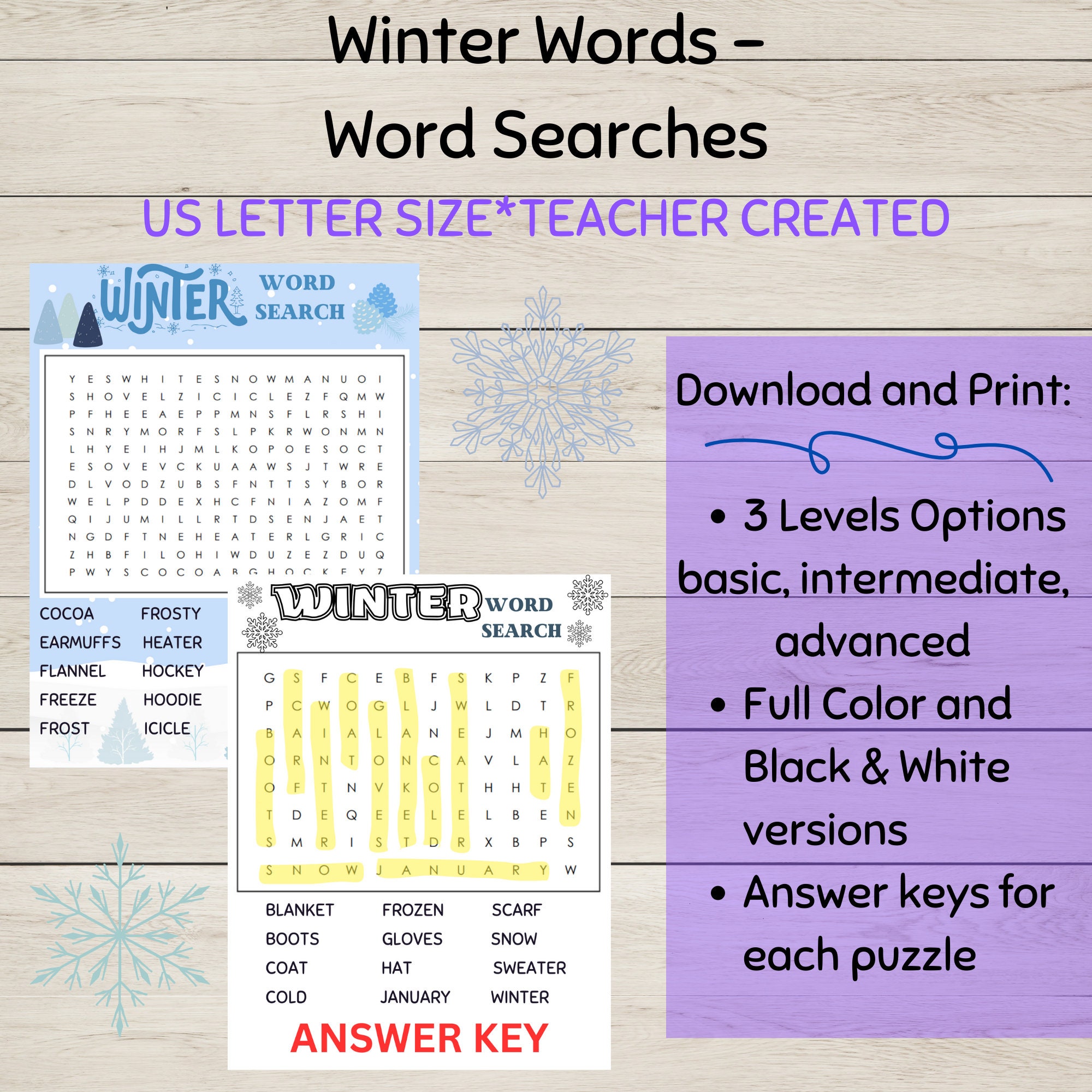 Printable Winter Themed Word Puzzles & Games Bundle, 65 Pages, Word ...