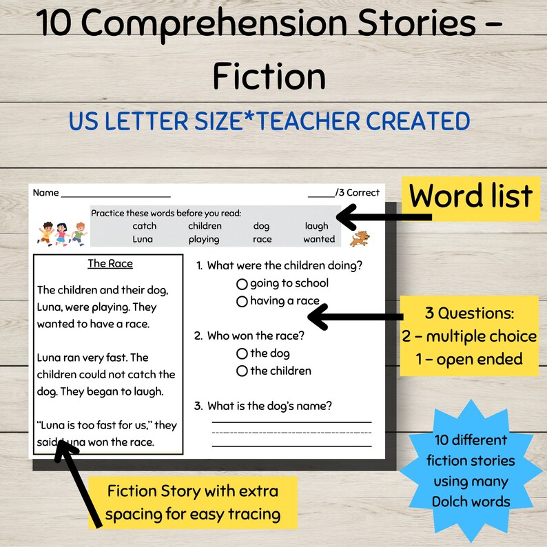 Printable K-1st Comprehension Fiction Stories Bundle, 42 Pages, 10 ...