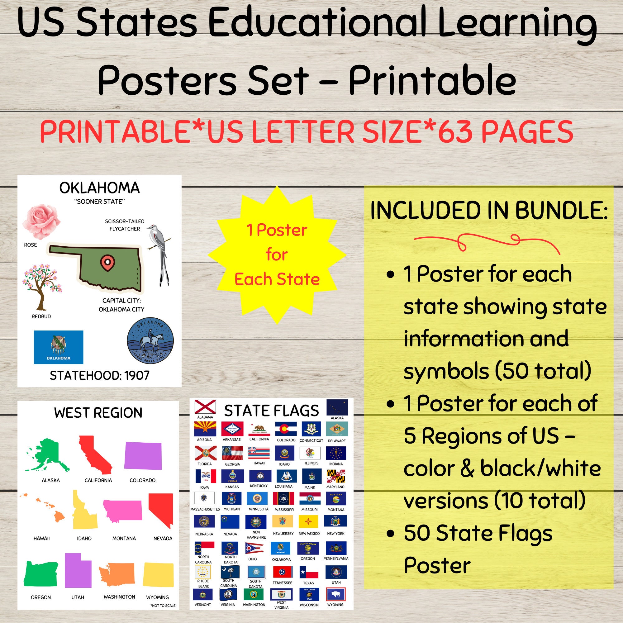 Printable US States Education Classroom Posters Bundle, 63 Pages ...