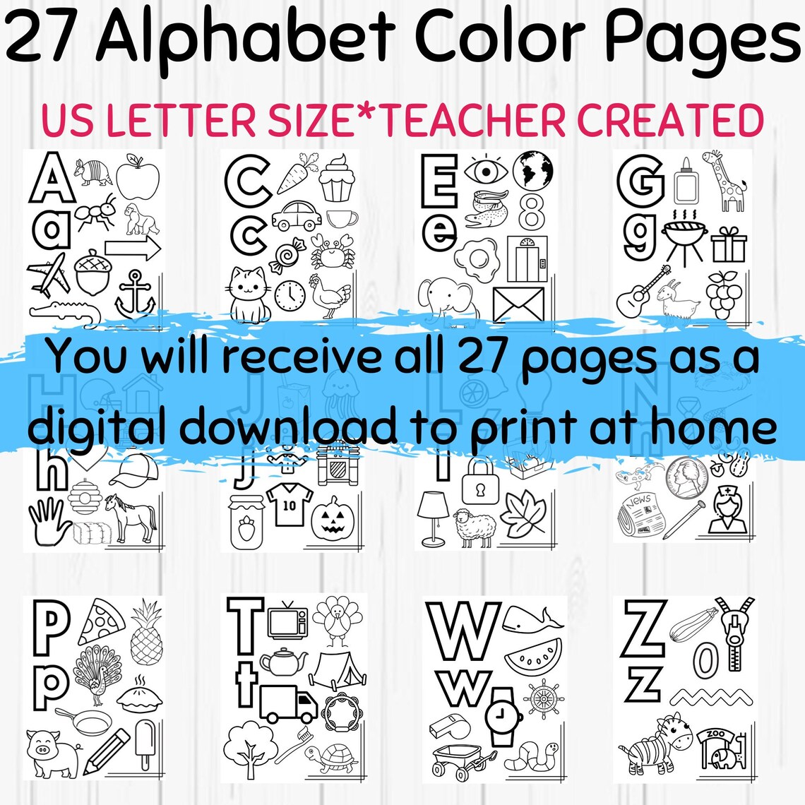 Printable Alphabet Coloring Book A-Z Worksheets Workbook, 27 Pages ...