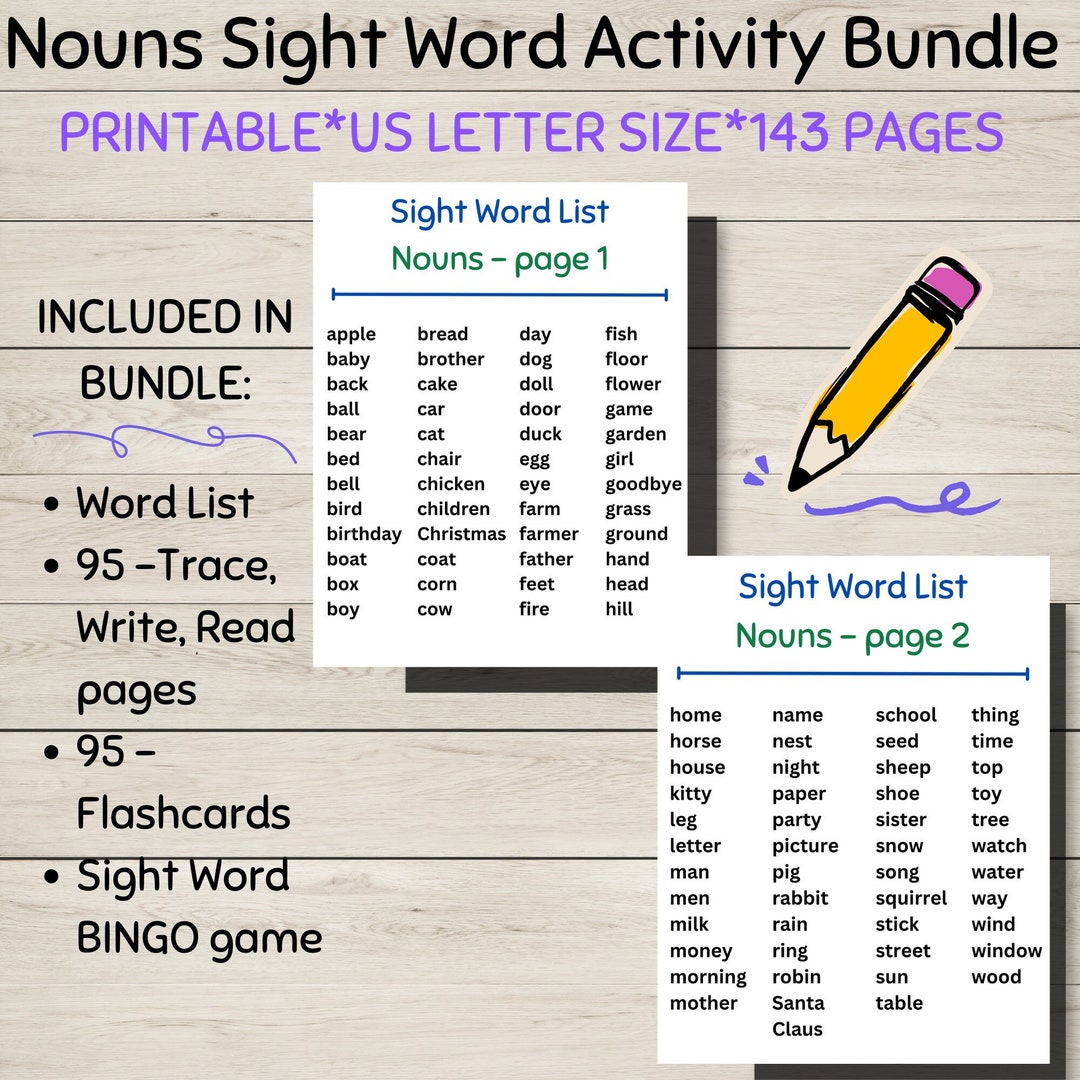 Printable Nouns Sight/dolch Word List Bundle, 143 Pages, Trace/write ...