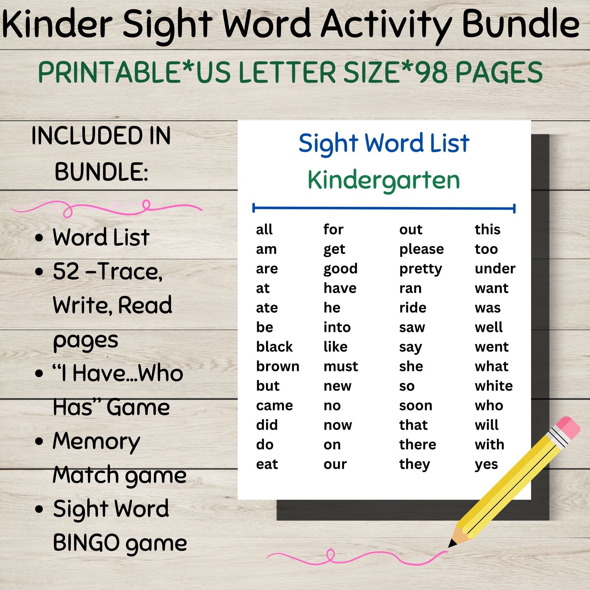 Printable Kindergarten Sight/dolch Word List Bundle, 98 Pages, Trace ...