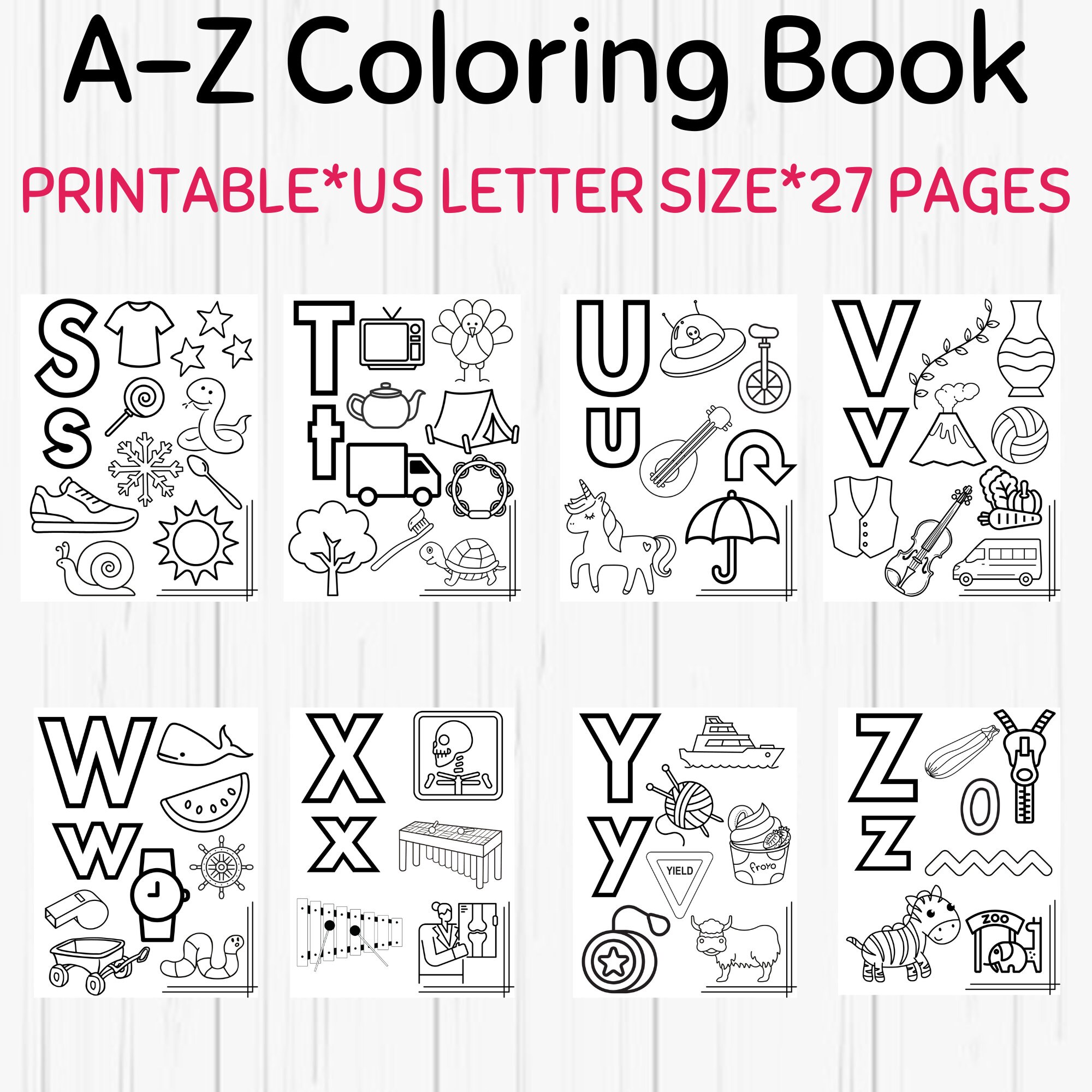 Printable Alphabet Coloring Book A-Z Worksheets Workbook, 27 Pages ...