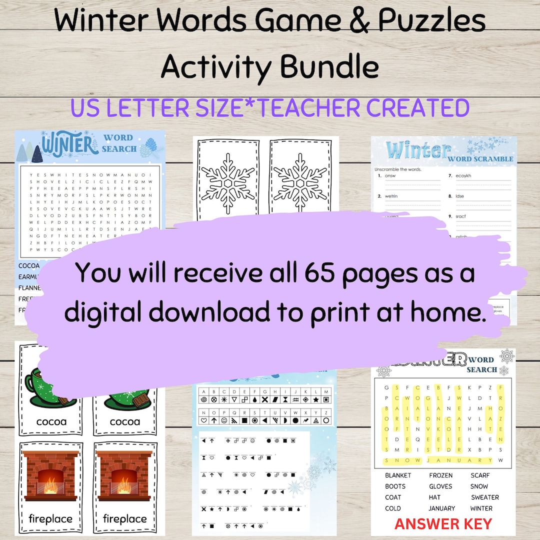 Printable Winter Themed Word Puzzles & Games Bundle, 65 Pages, Word ...