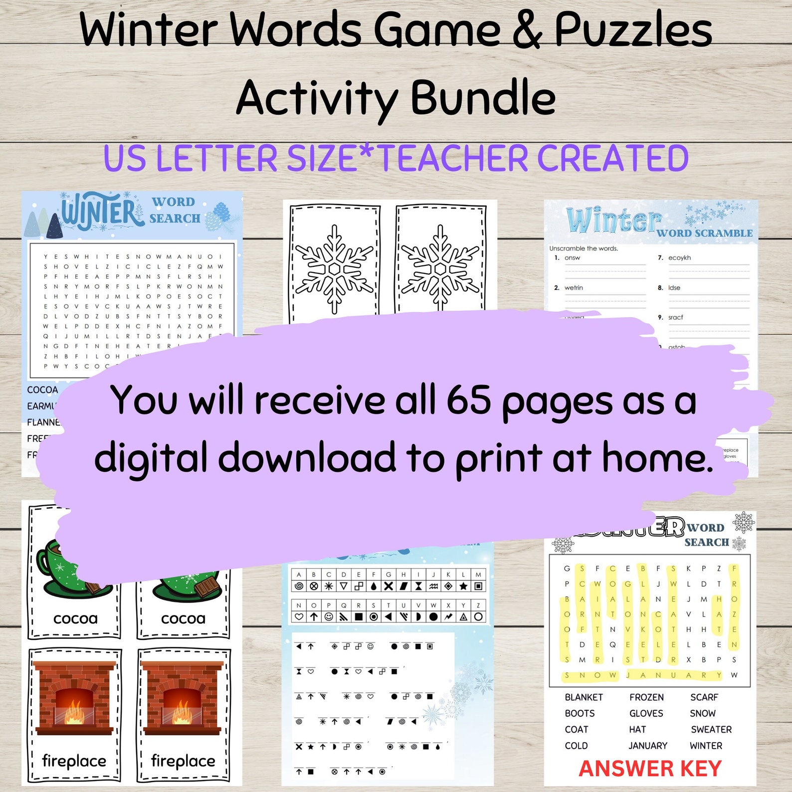 Printable Winter Themed Word Puzzles & Games Bundle, 65 Pages, Word ...