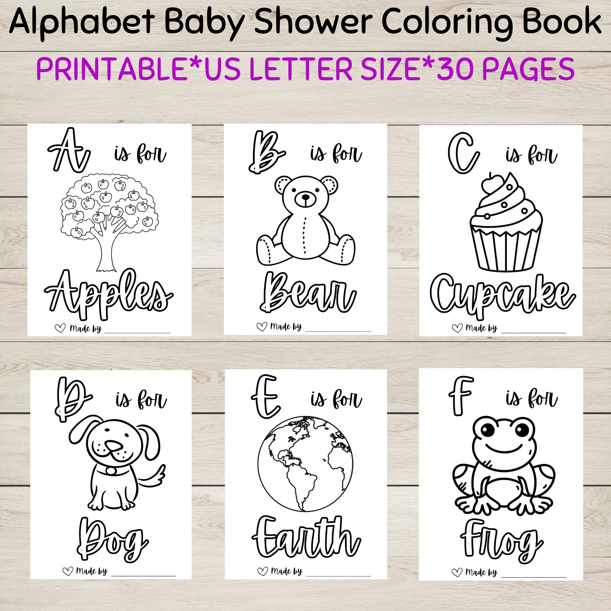 Printable Alphabet Baby Shower Coloring Book A-Z, Keepsake Book for ...