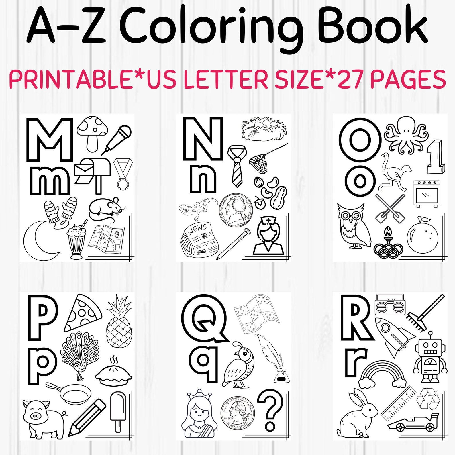 Printable Alphabet Coloring Book A-Z Worksheets Workbook 27 - Etsy