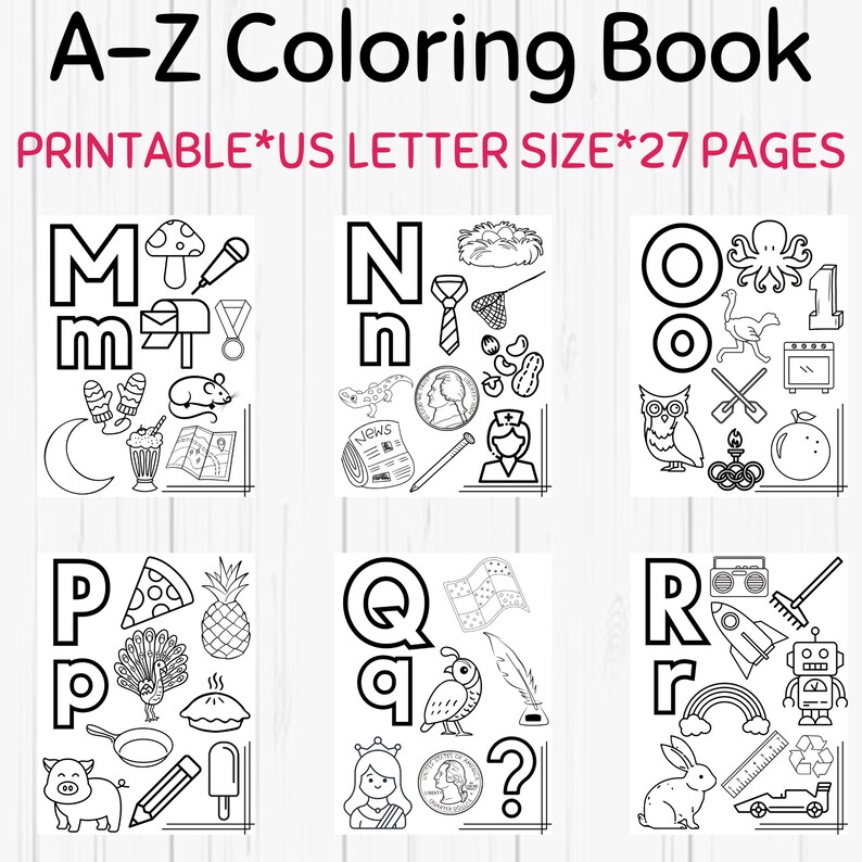 Printable Alphabet Coloring Book A-Z Worksheets Workbook 27 - Etsy