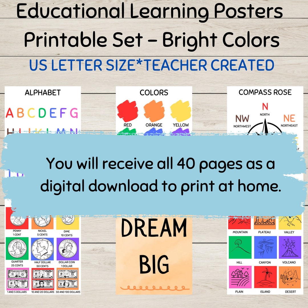 Printable Education Classroom Posters Bundle, 40 Pages, Bright Colors ...