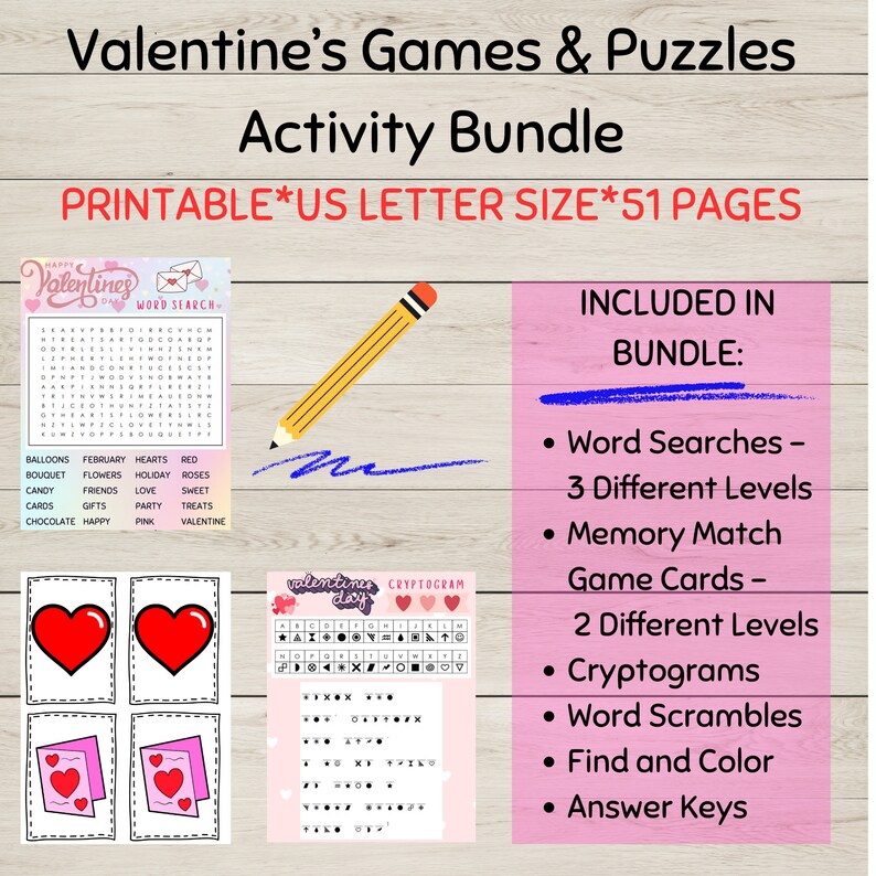 Printable Valentine's Themed Word Puzzles & Games Bundle, 51 Pages ...