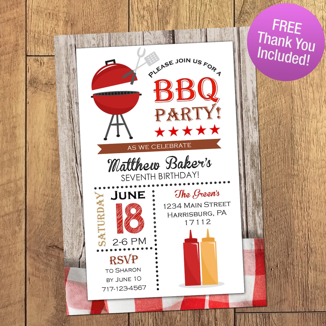 Summer BBQ Invitation, Printable Invitation, Black and Red BBQ Invite ...