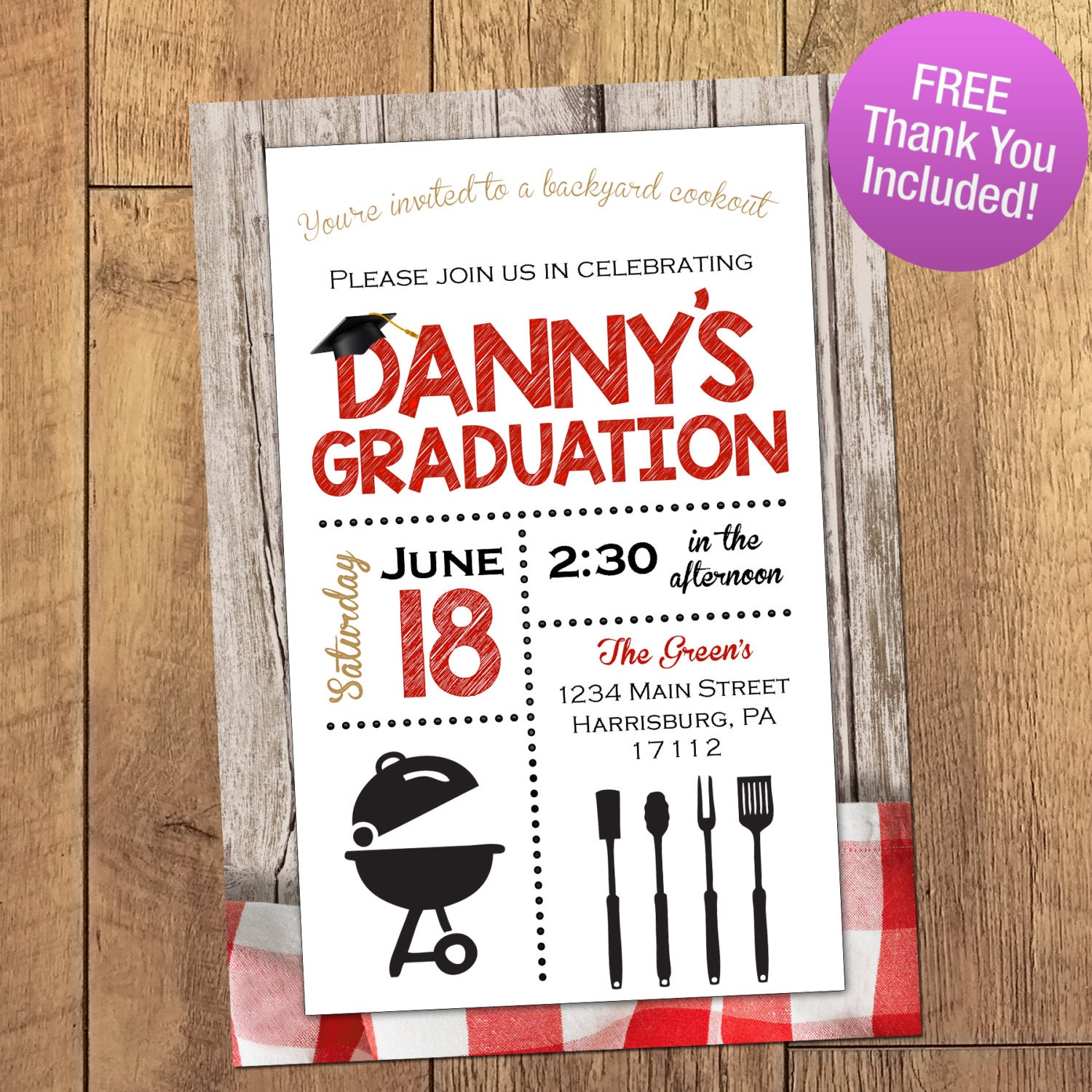 Graduation BBQ Invitation, Printable Invitation, Black and Red BBQ ...