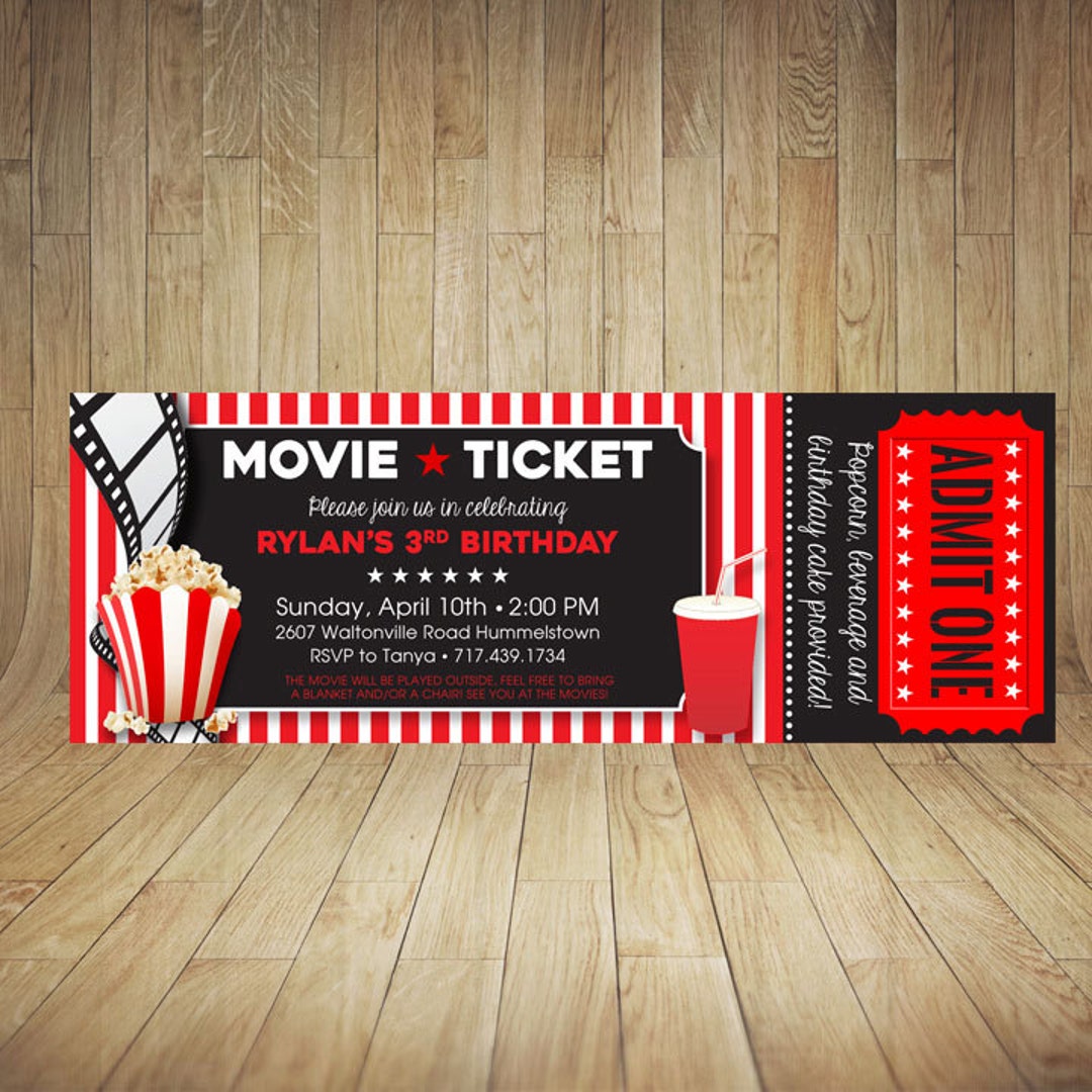 Movie Ticket Birthday Invitation, Movie Night, Popcorn, Birthday ...