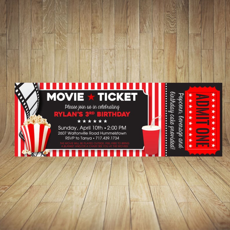 Movie Ticket Birthday Invitation, Movie Night, Popcorn, Birthday ...