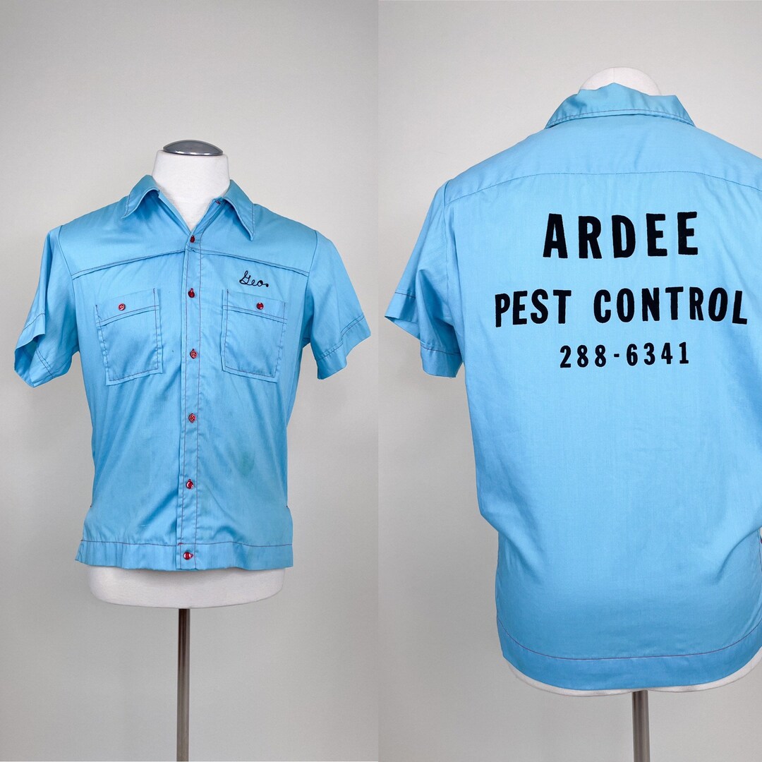 Vintage 1970s Ardee PEST CONTROL Bowling Shirt / Vintage 70s Blue ...
