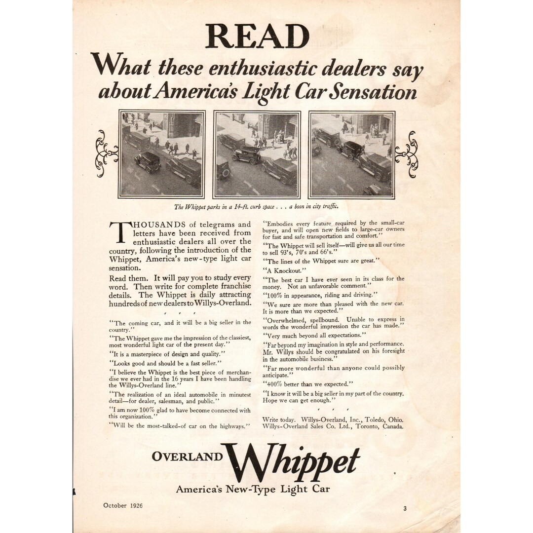 Overland Whippet 1926 Vintage Print Ad Antique Car Memorabilia Small ...