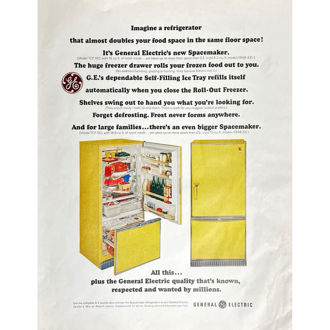 1965 GE Refrigerator Vintage Print Ad Retro Yellow Refrigerator General ...