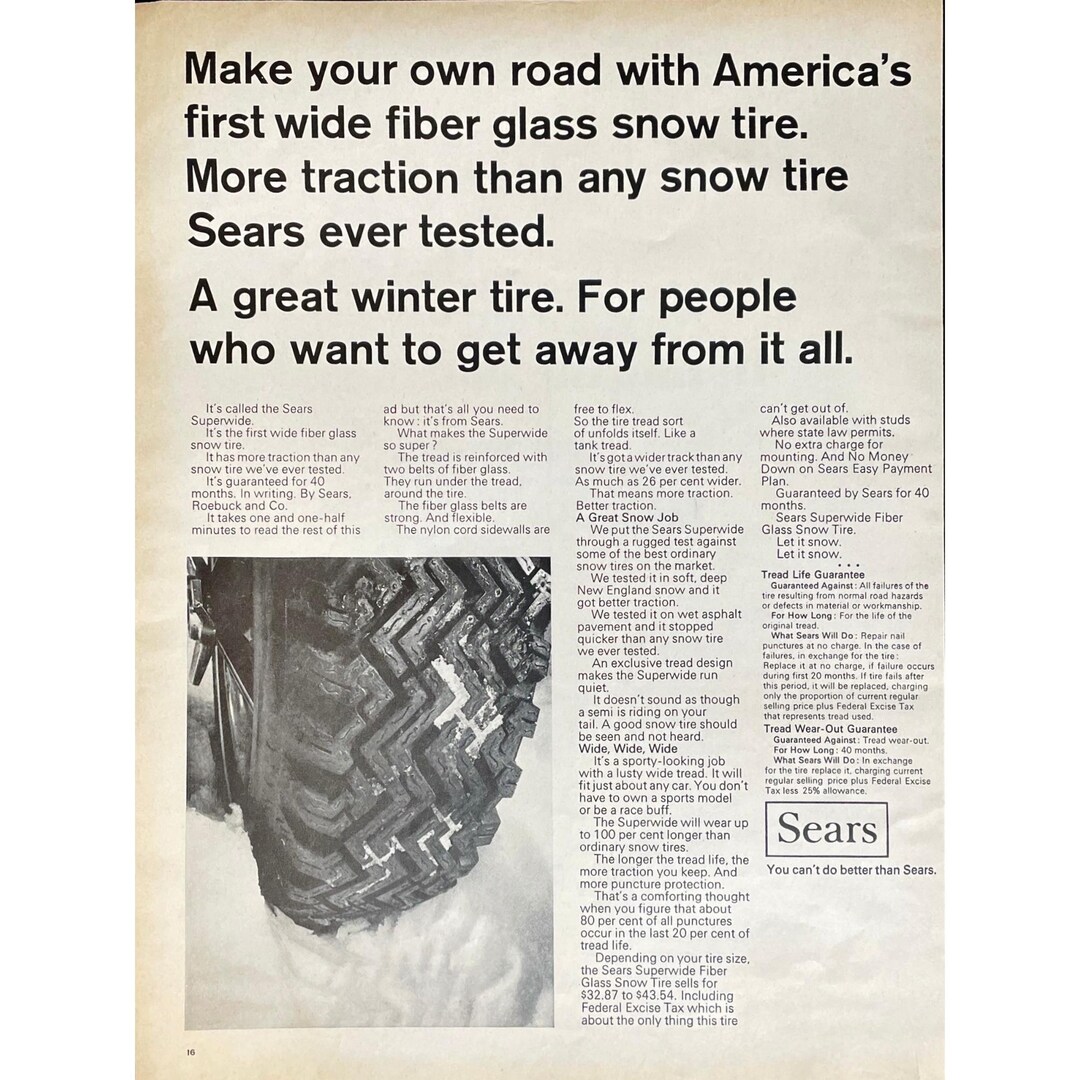 Sears Tires Vintage Print Ad 1967 Sears Memorabilia Retro Car Truck ...