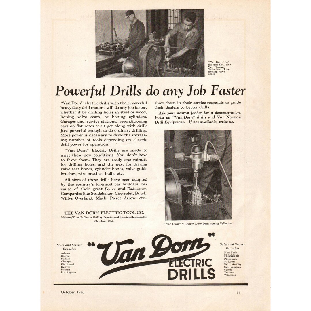 Van Dorn Electric Drills 1926 Vintage Print Ad Antique Power Tools ...