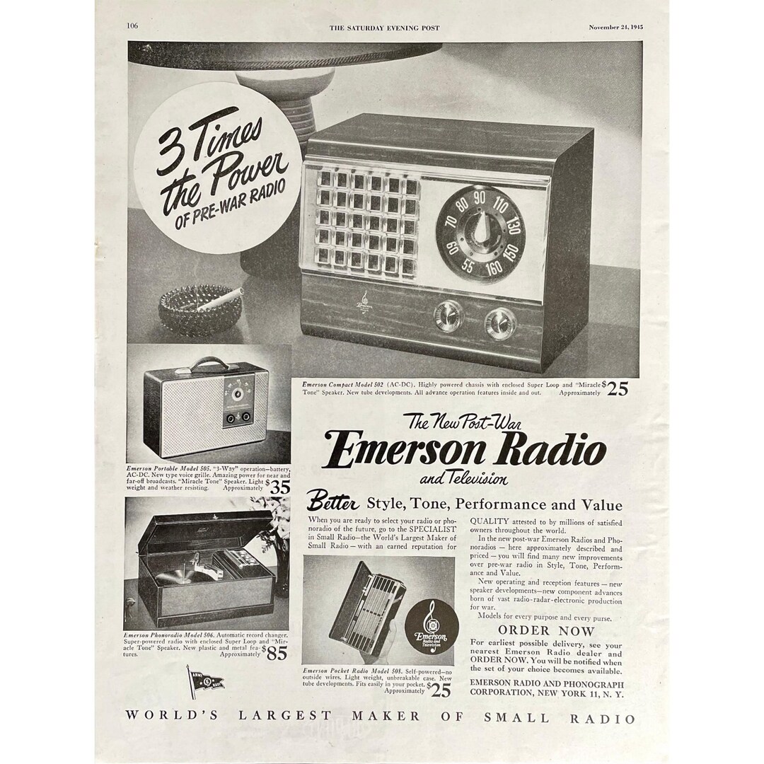 Emerson Radio Vintage Print Ad 1945 Retro Radio Post War Memorabilia ...