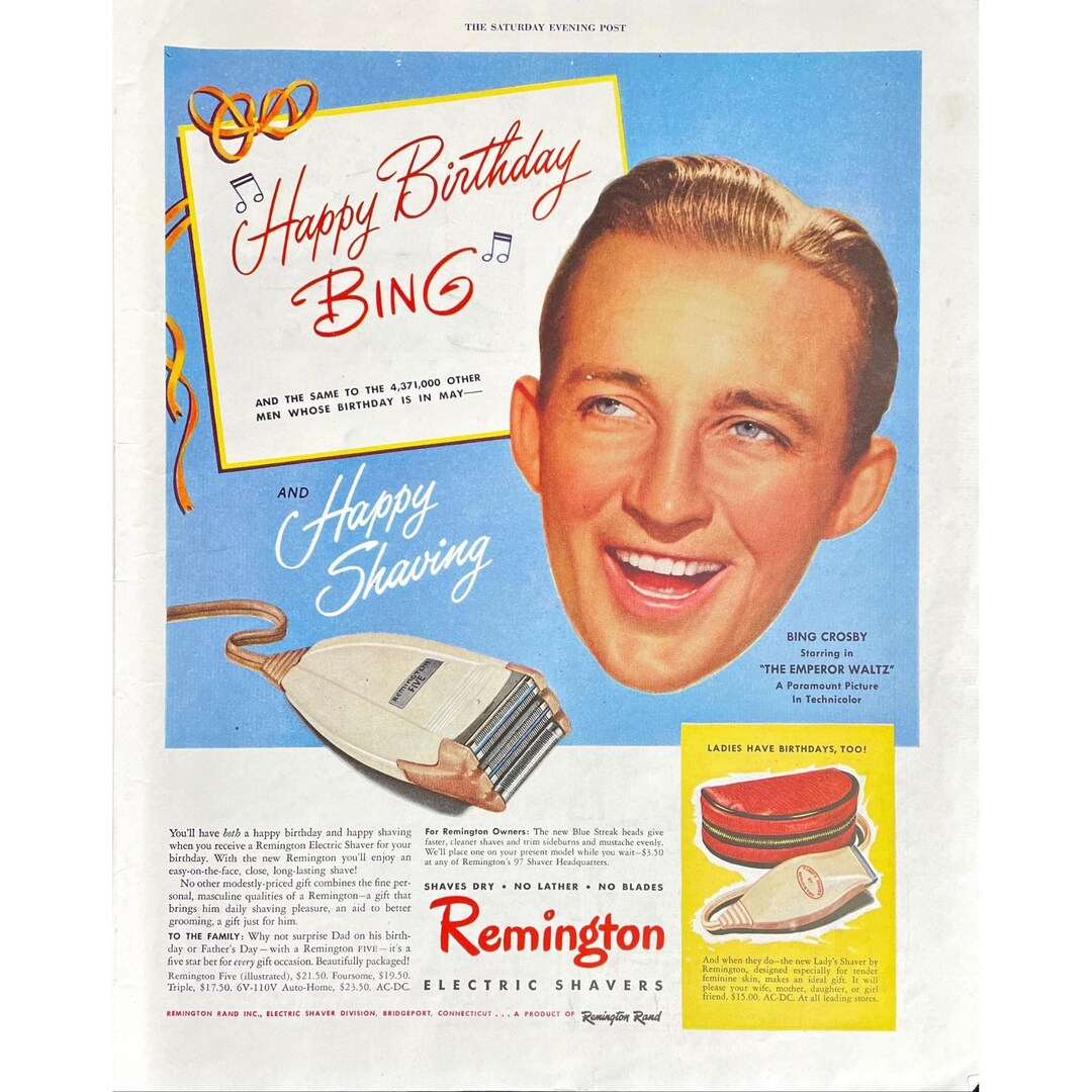Remington Electric Shavers Vintage Print Ad Happy Birthday Bing Crosby ...